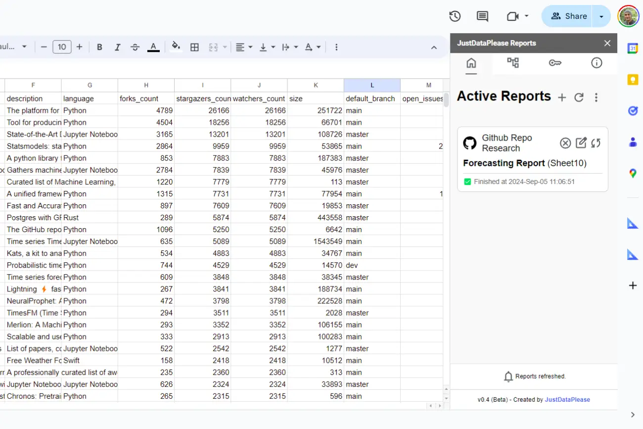Github Repos Research (Google Sheets + Looker Studio) | JustDataPlease